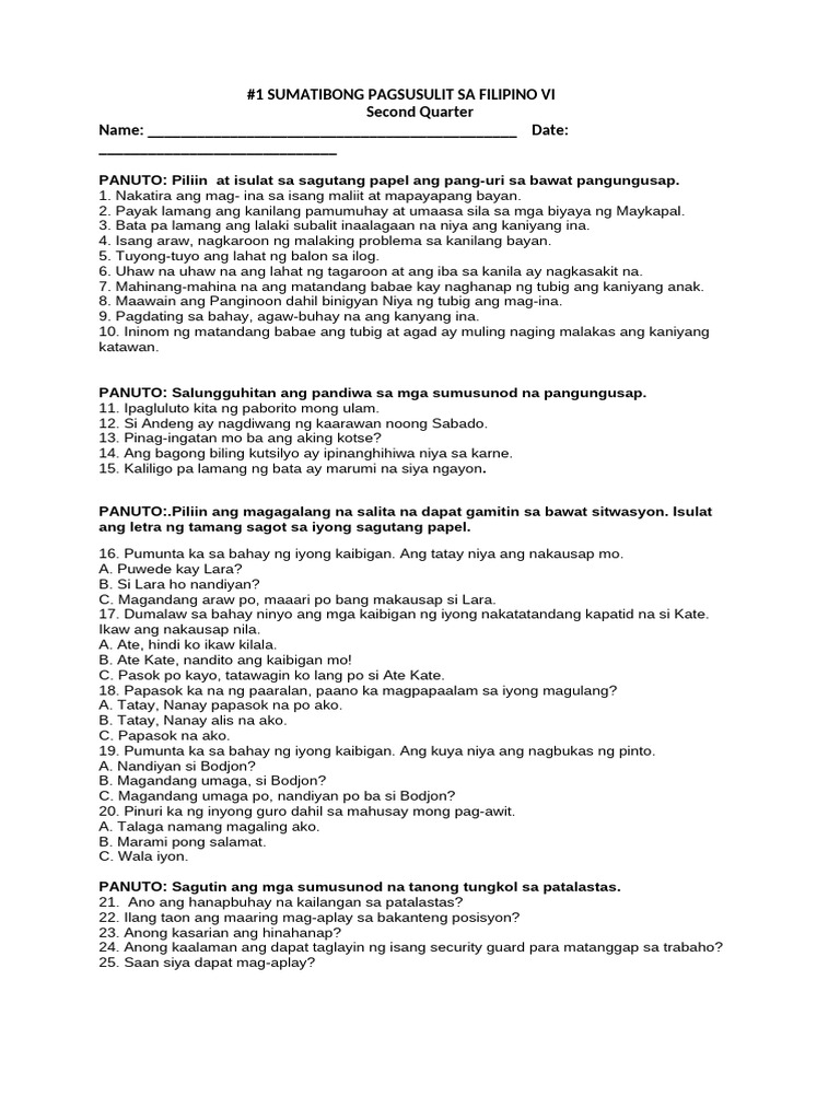 1 Sumatibong Pagsusulit Sa Filipino Vi | PDF