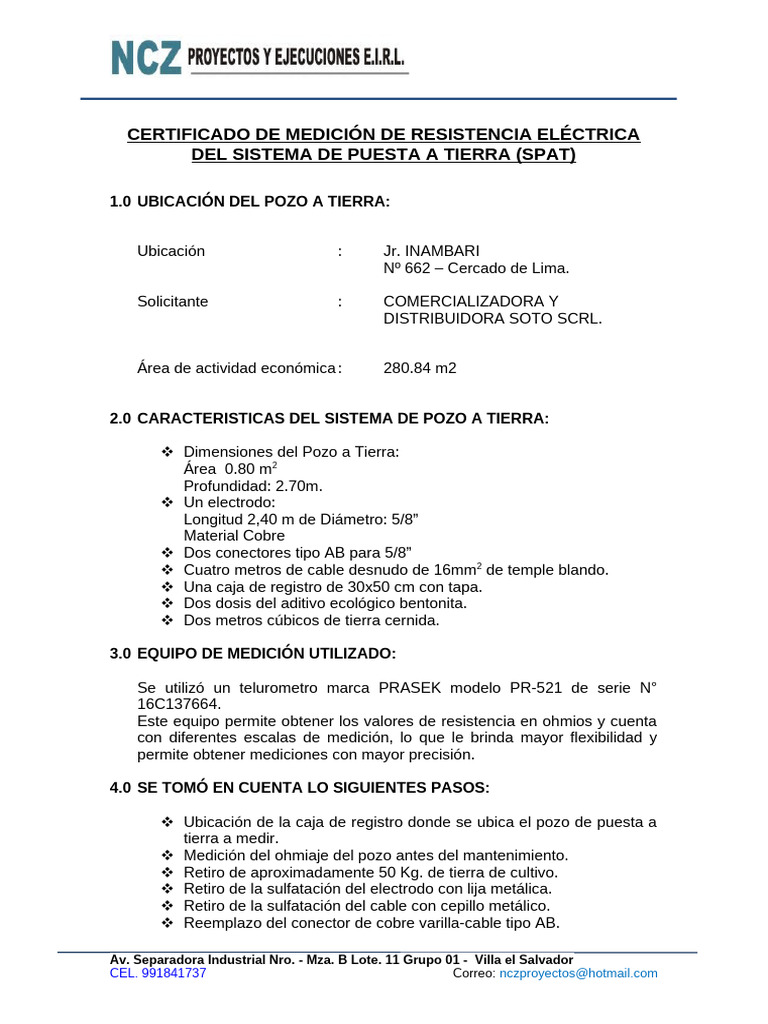 6 PROTOCOLO DE PRUEBAS DE PUESTA A TIERRA INAMBARI 662 | PDF | Electricidad