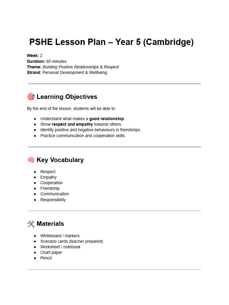 Year 5 PSHE: Positive Relationships Lesson | PDF | Empathy | Behavior ...