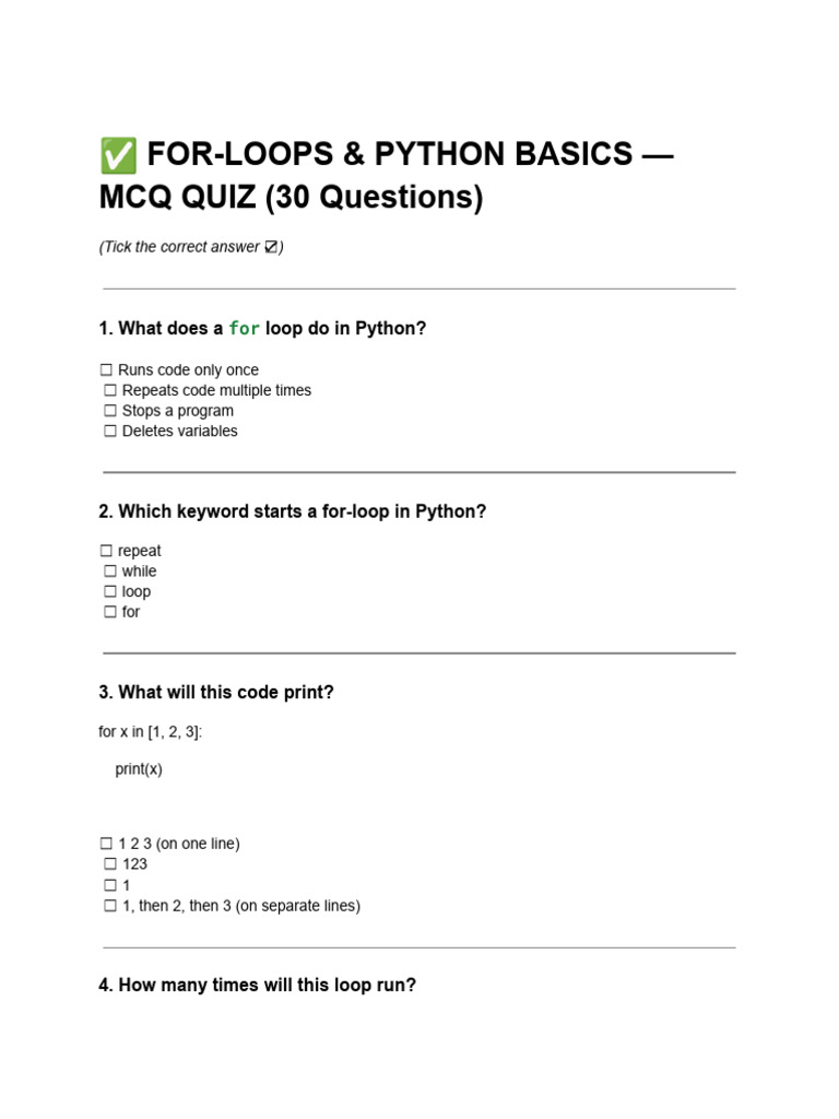 FOR-LOOPS & PYTHON BASICS — MCQ QUIZ (30 Questions) | PDF | Control Flow | Programming Paradigms