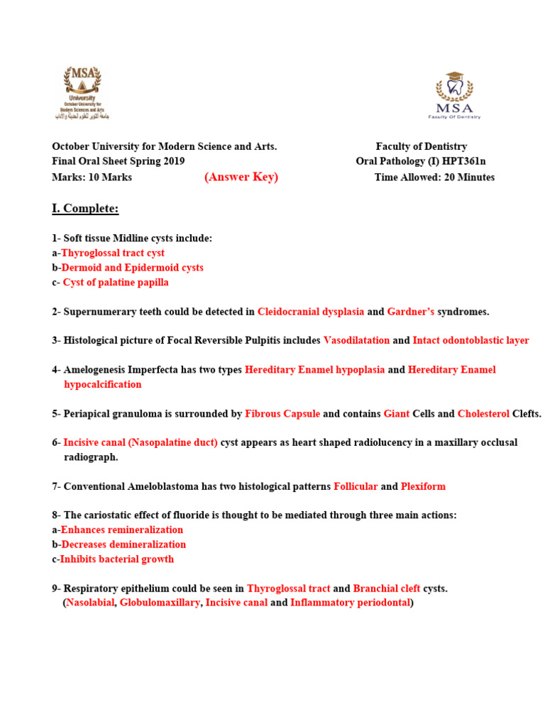Oral Sheet Key answer_5a0cc18ebc494ac5eb92c82a6d3c340e | PDF | Tooth ...
