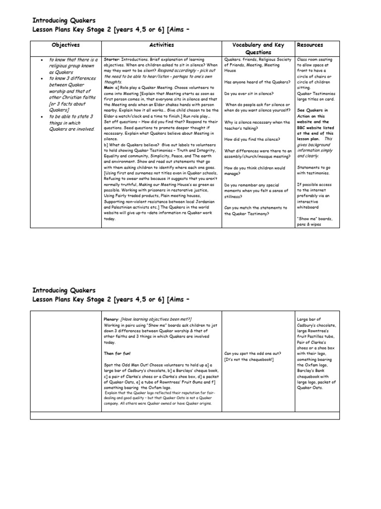 Quaker Lesson Plans for Key Stage 2 | PDF | Quakers | Silence