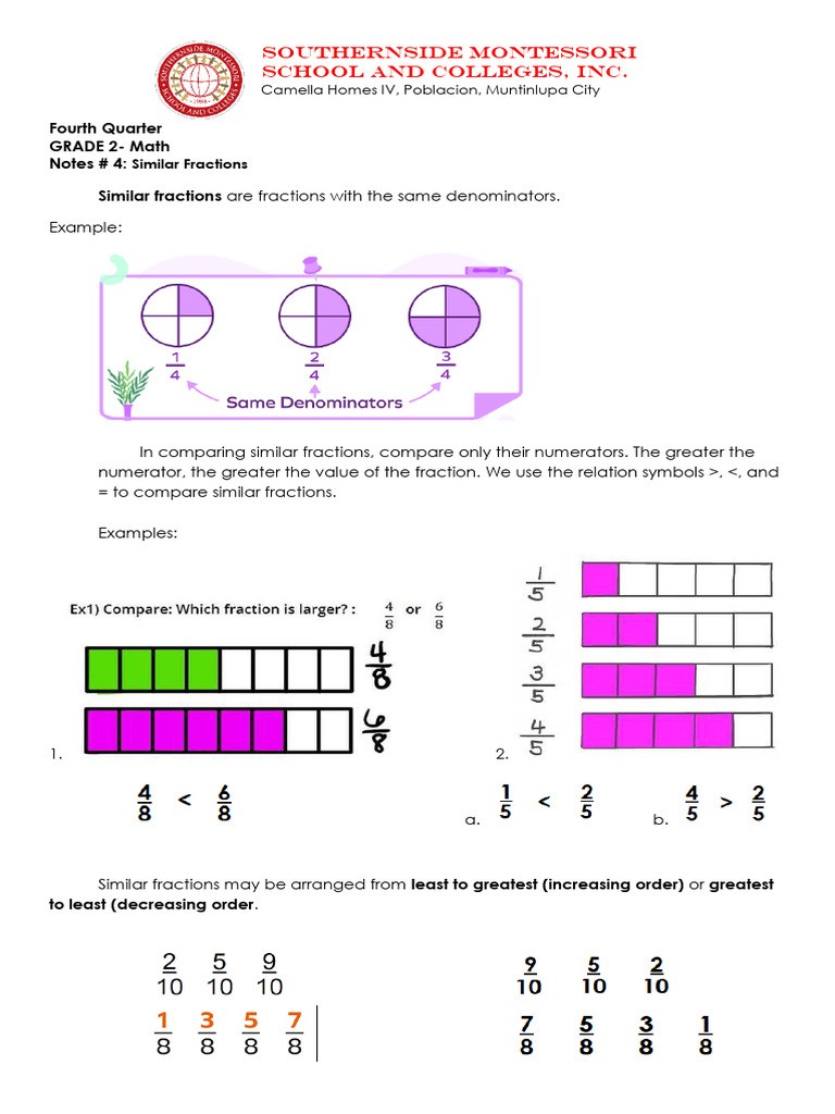 4th Quarter Math 2 Notes 4 Similar Fractions | PDF