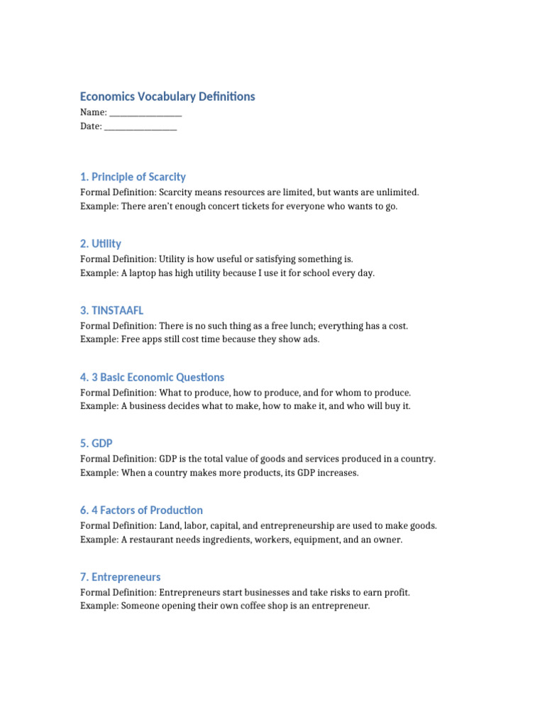 Essential Economics Vocabulary Guide | PDF | Economics | Entrepreneurship