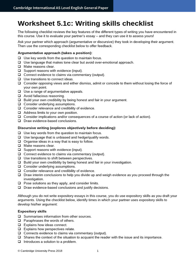 Writing Skills Checklist for Essays | PDF
