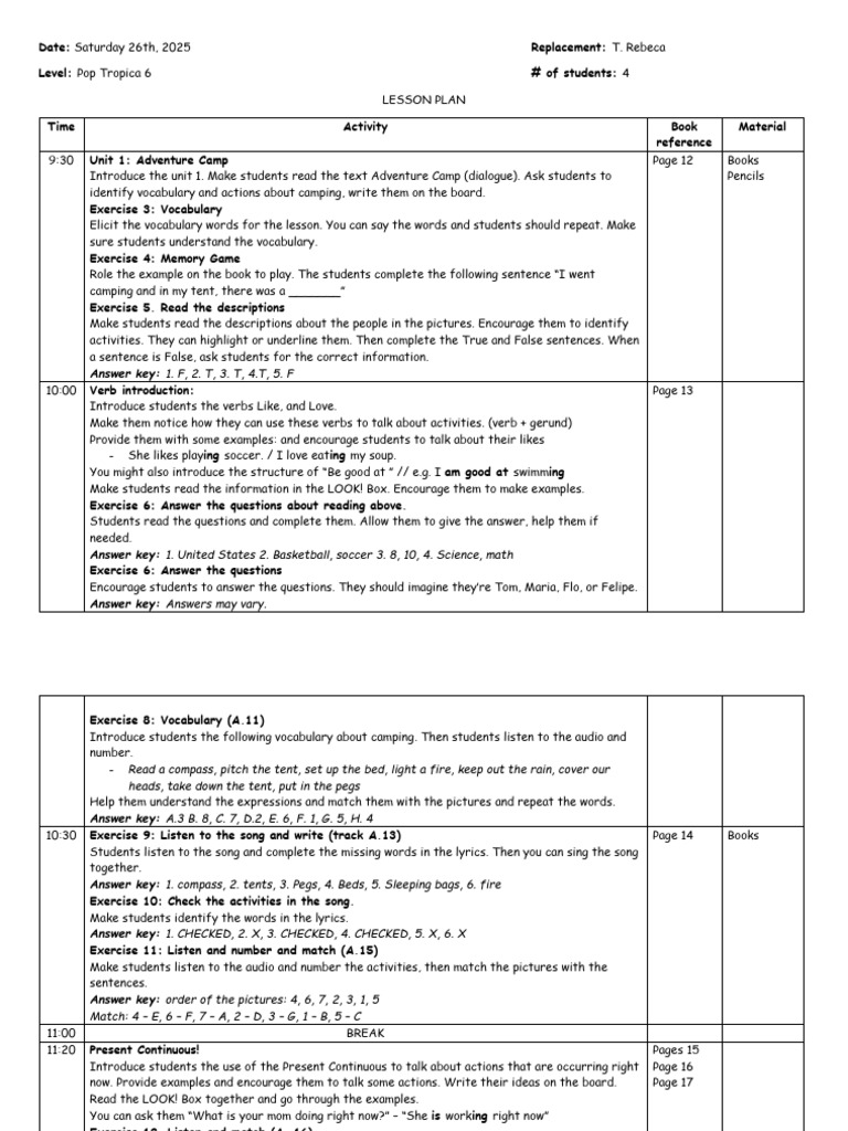 Pop Tropica 6 Lesson Plan Overview | PDF