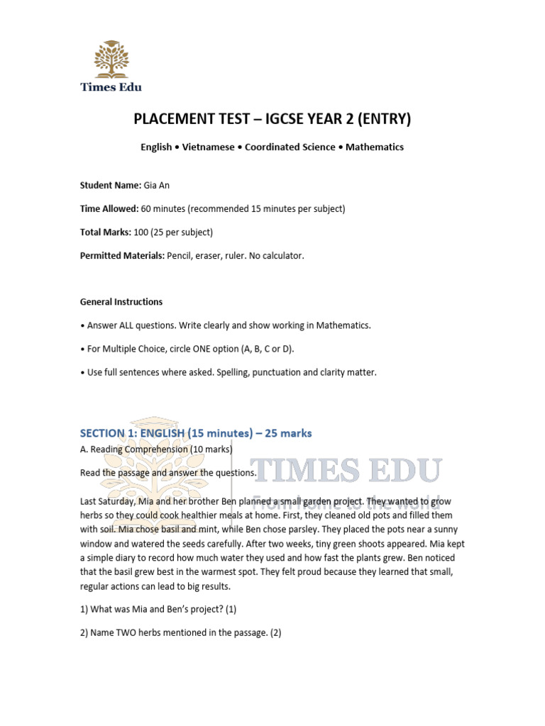 Igcse Year2 Placement Test Gia an Detailed | PDF