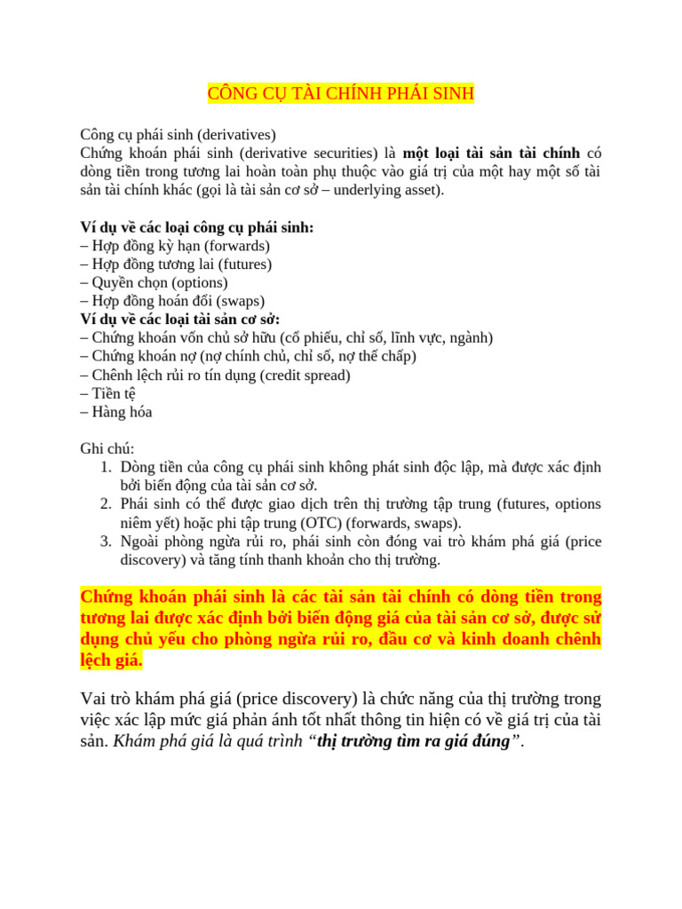 Ghi chu_Bai giang chuong 2_Cong cu tai chinh phai sinh | PDF