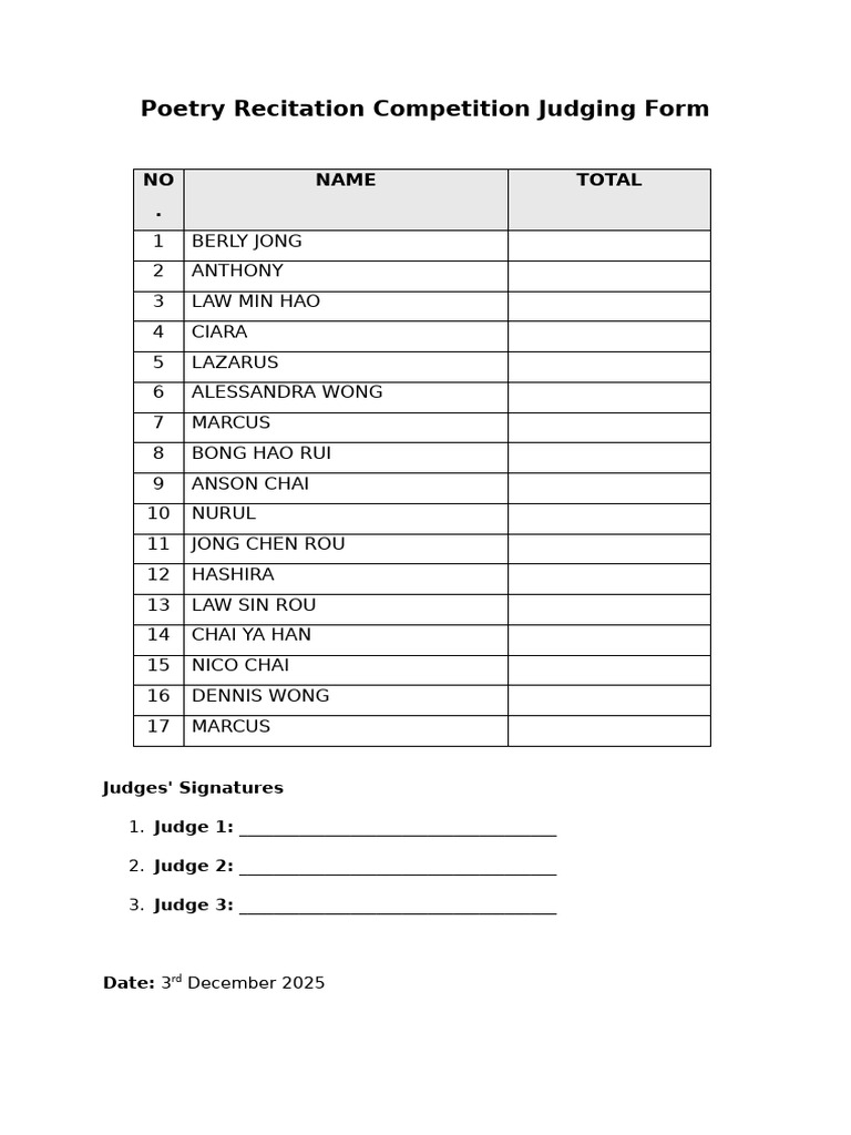 Poetry Recitation Competition Judging Form | PDF
