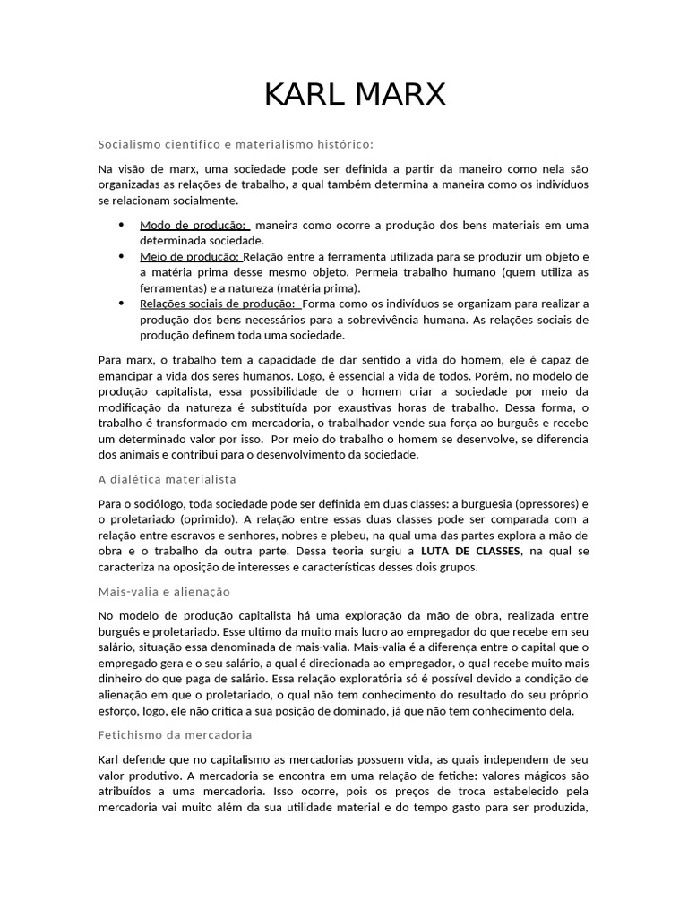 resumo karl marx | PDF | Karl Marx | Sociedade
