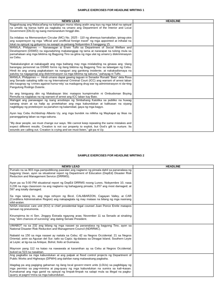 Sample Exercises for Headline Writing | PDF
