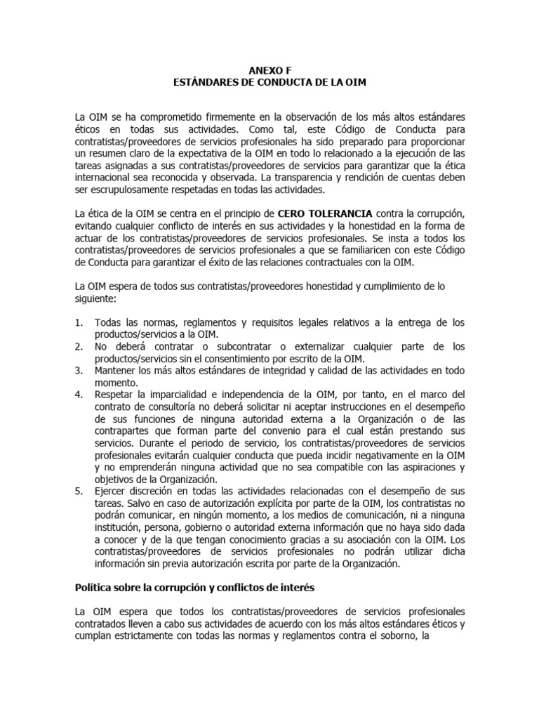 Anexo f Estandares de Conducta Oim | PDF | Corrupción política | Violación