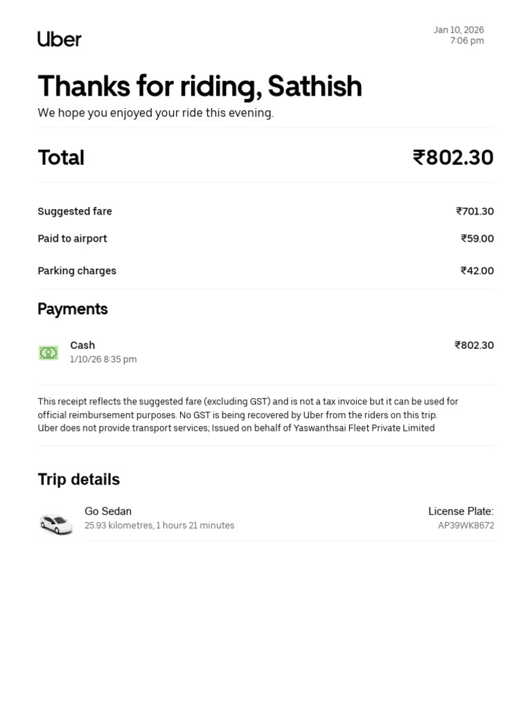 Uber Ride Receipt for Jan 10, 2026 | PDF