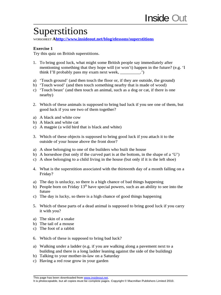 British Superstitions Quiz and Discussion | PDF | Superstitions | Luck