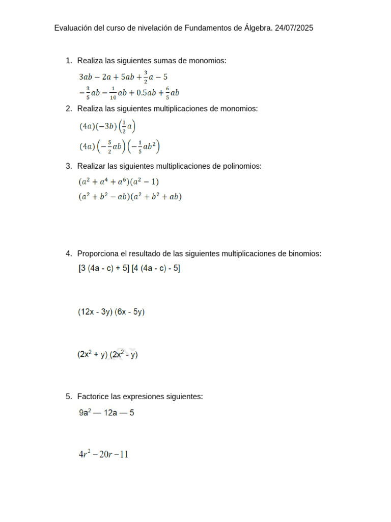 Ejercicios Para Curso de Nivelacion ALGEBRA | PDF