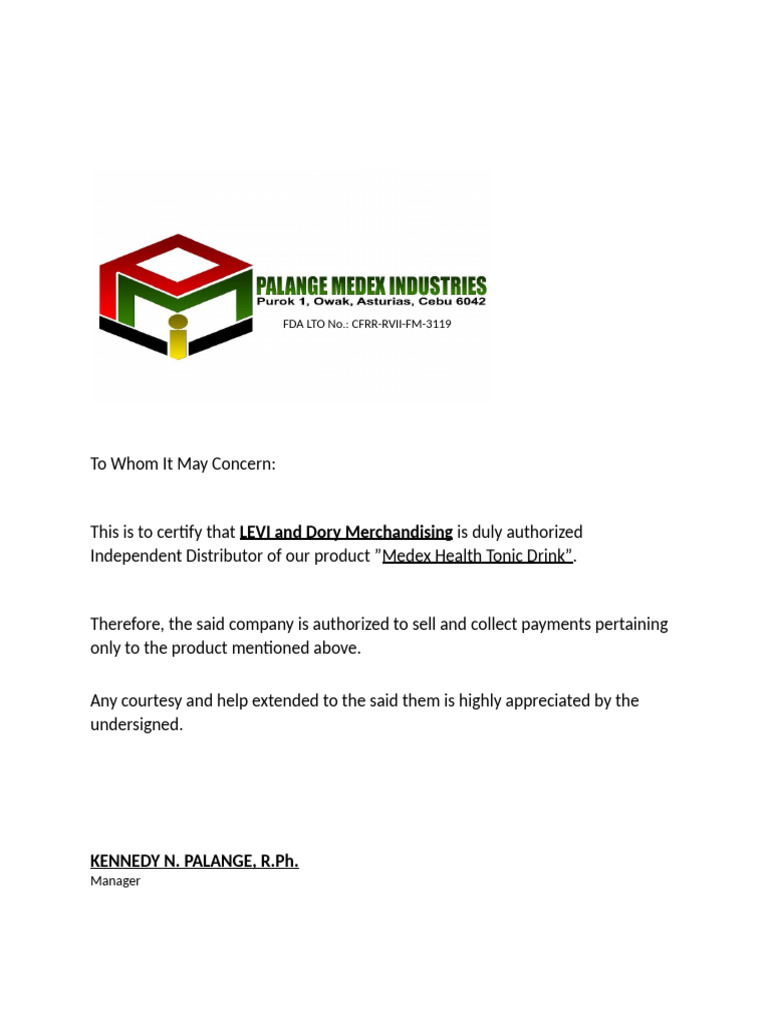 Authorization for Medex Health Tonic Distributor | PDF