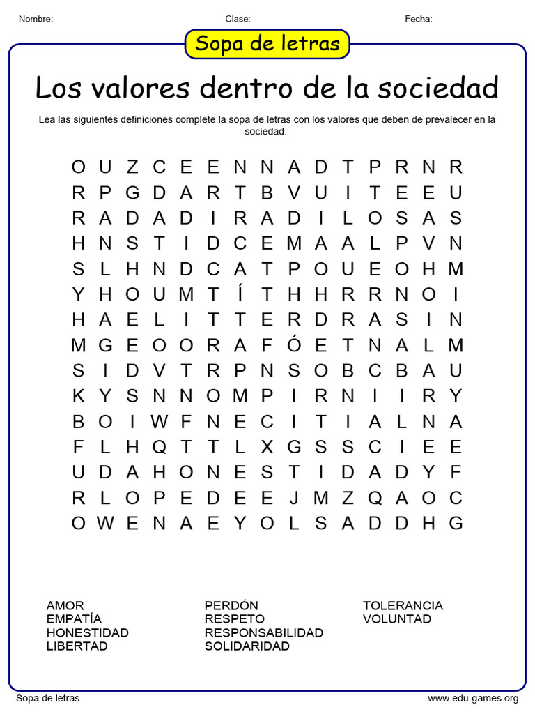 Sopa de Letras: Valores Sociales | PDF | Ciencias Políticas ...