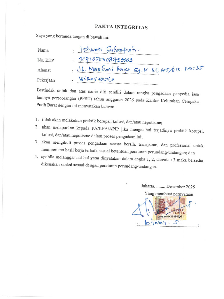 Pakta Integritas Ichwan Subarkah | PDF