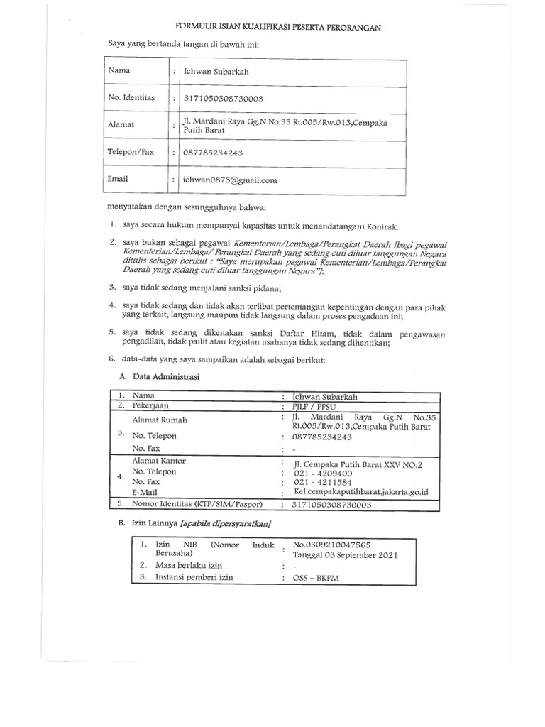 Formulir Isian Kualifikasi Peserta_Ichwan Subarkah | PDF