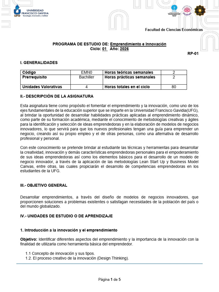 Programa de La Materia EMN0 | PDF | Iniciativa empresarial | Innovación