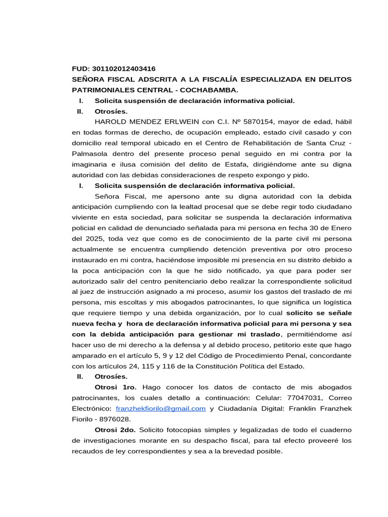 Solicita suspensión de declaración informativa - Harold Méndez Erlwein ...