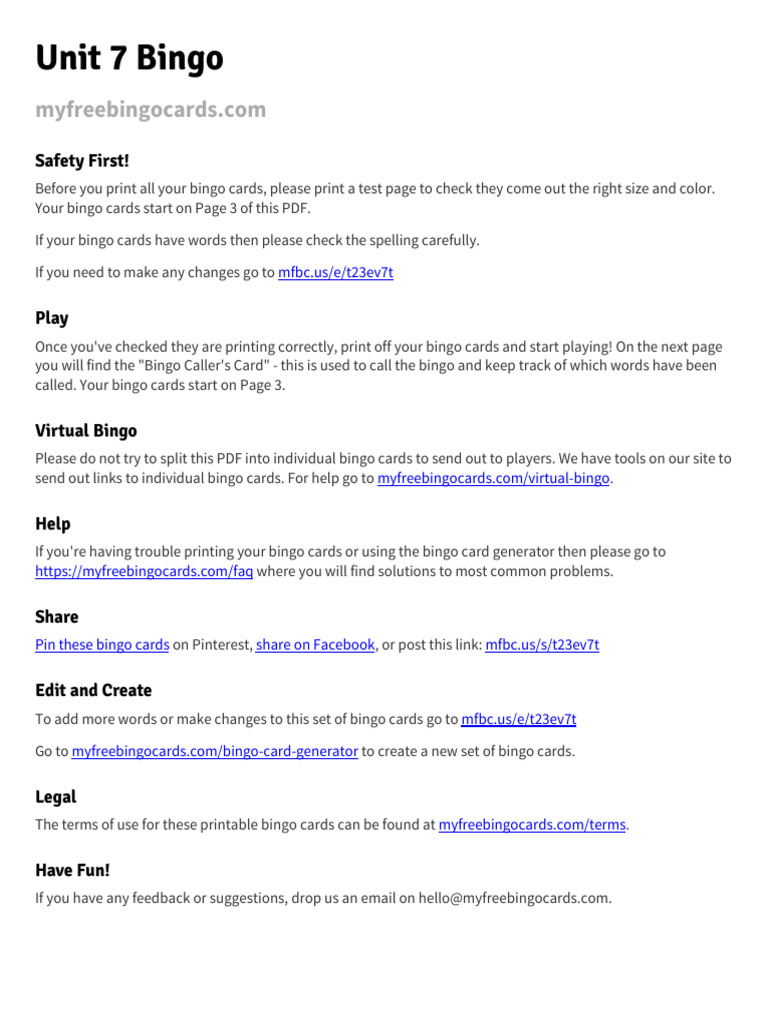 Unit 7 Bingo Card Instructions Pdf Desserts Fruit Preserves