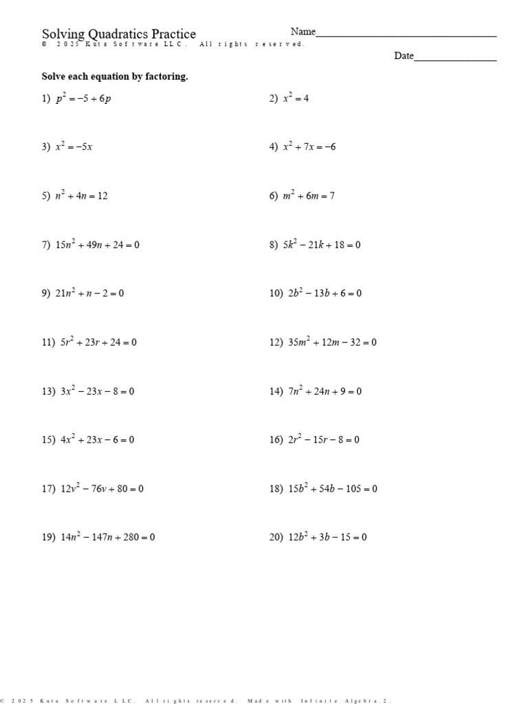 Quadratic Equations Factoring Worksheet | PDF