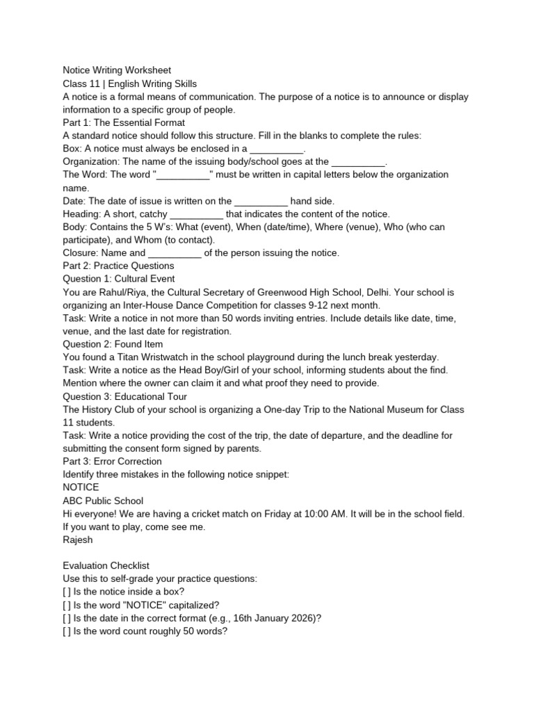 Notice Writing Worksheet | PDF
