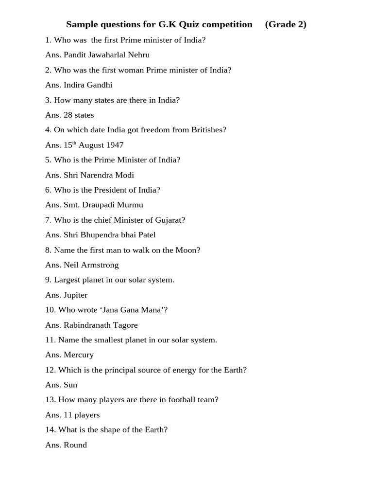 G.K. Quiz Questions for Grade 2 | PDF | Grammatical Gender ...