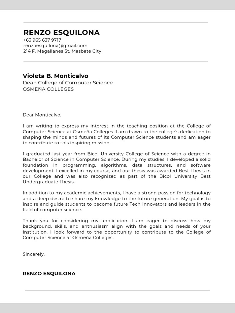Application for Computer Science Teaching Position | PDF