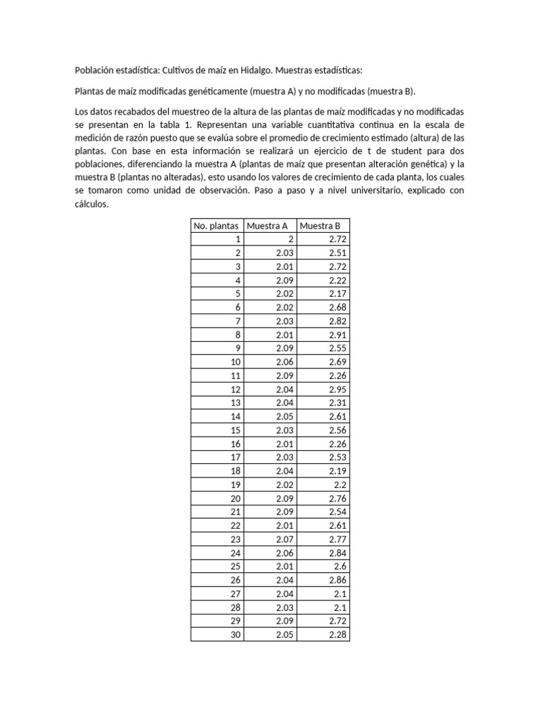 EJERCICIO DE T DE STUDENT PARA DOS POBLACIONES | PDF | Prueba T de Student | Inferencia estadística