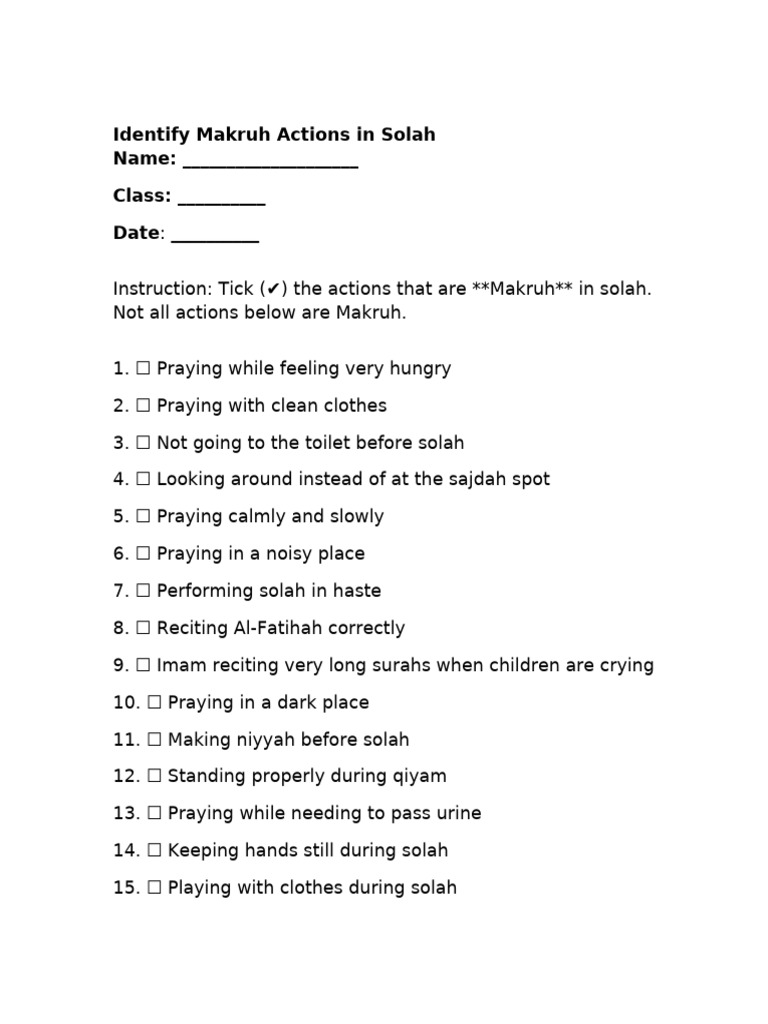Makruh Actions in Solah Tick Worksheet | PDF
