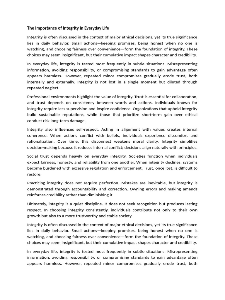 The Importance of Integrity in Everyday Life | PDF | Integrity ...