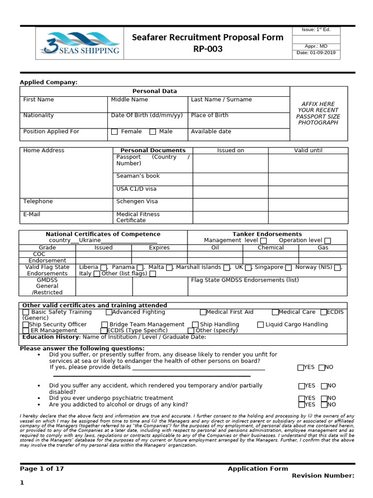 RP03 Seafarers Recruitment Proposal Form | PDF | Oil Tanker | Shipping