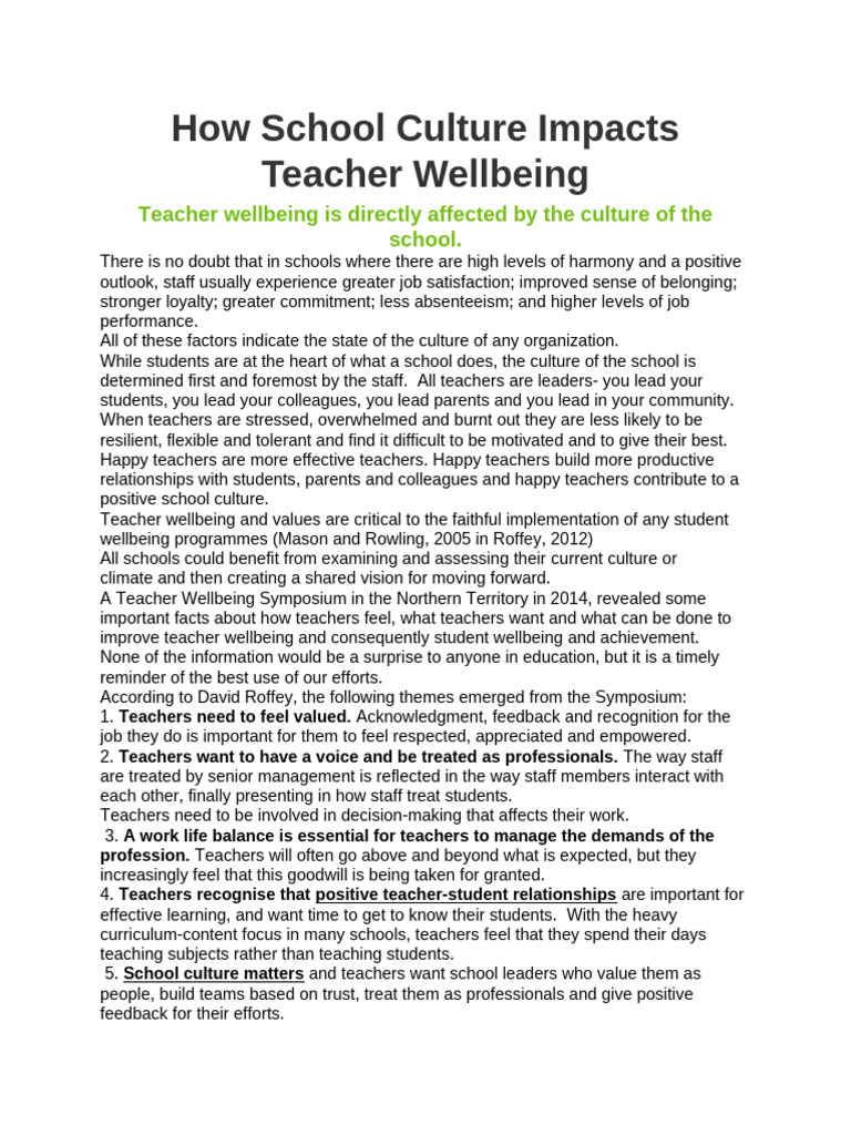 Unit 3.2 Additional Reading on How School Culture Impacts Teacher ...