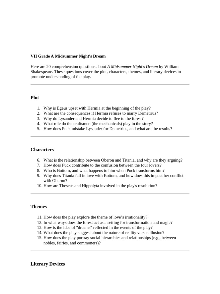 Comprehension Questions for A Midsummer Night's Dream | PDF