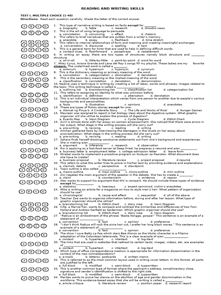 Reading and Writing Skills Test | PDF | Essays | Metaphor