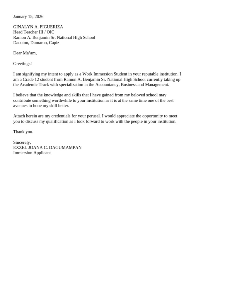 Work Immersion Application Letter | PDF