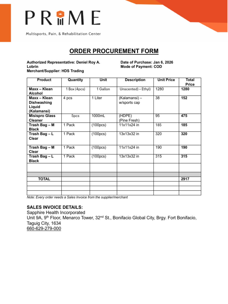 Order Procurement Form for HDS Trading | PDF
