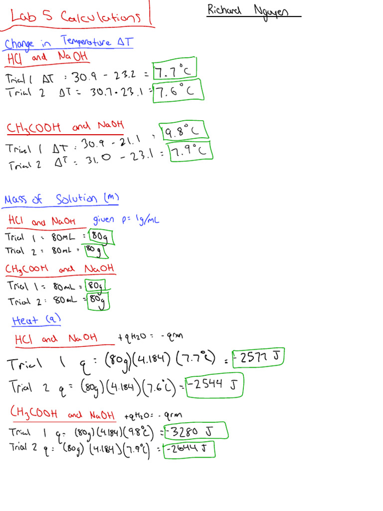 Lab Calculations for Enthalpy Changes | PDF | Physical Chemistry ...
