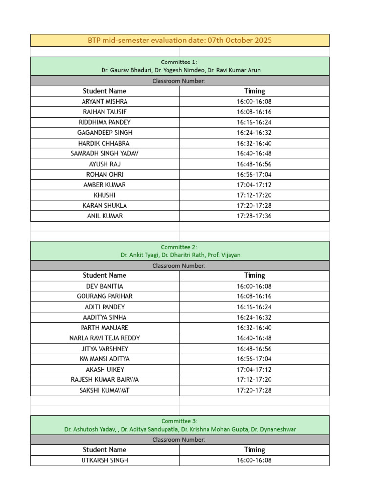 Btp Mid Sem Schedule | PDF