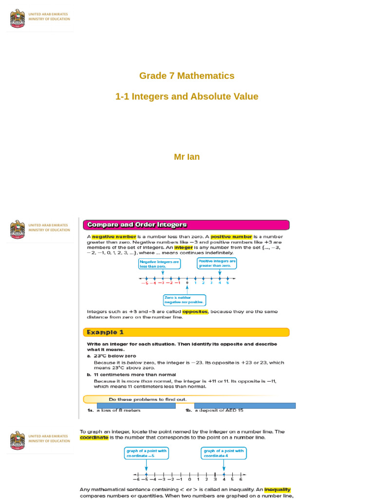 1-1 Integers and Absolute Value | PDF