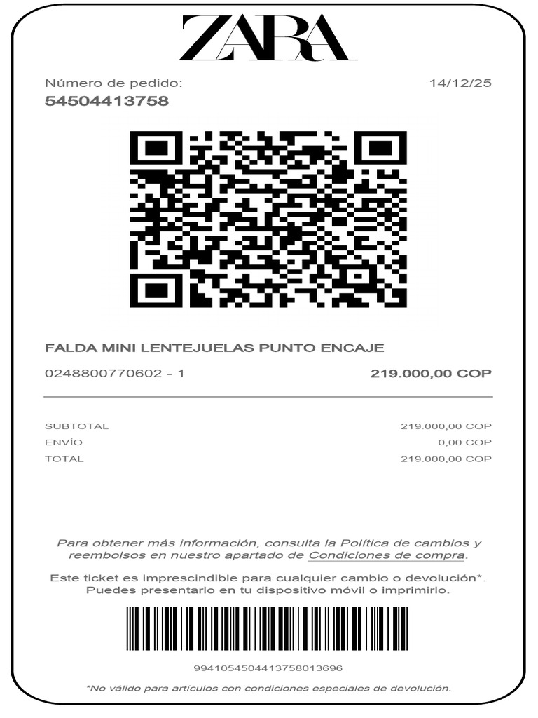 Ticket de compra: Falda mini lentejuelas | PDF