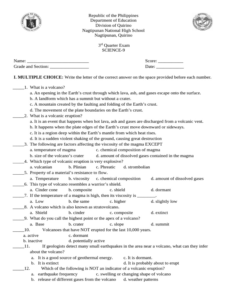 Science 9 Exam Q3 24-25_090331 | PDF | Volcano | Magma