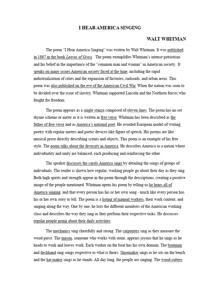 Notes - I Hear America Singing | PDF | Poetry | Walt Whitman