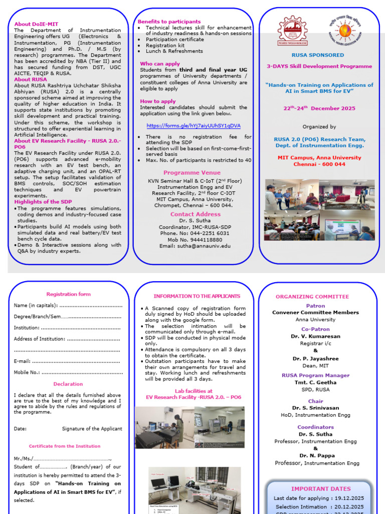 AI Based Smart BMS-Workshop-22nd to 24th Dec-MIT-RUSA Funded-Brochure | PDF