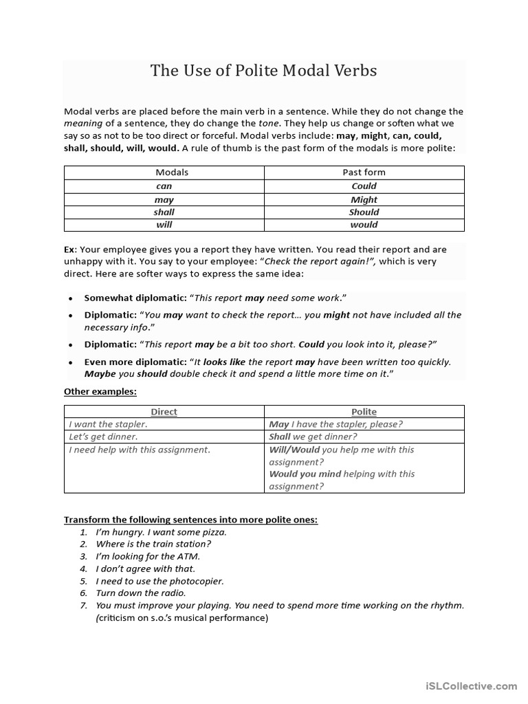 Polite Modal Verbs in Communication | PDF | Linguistic Typology ...