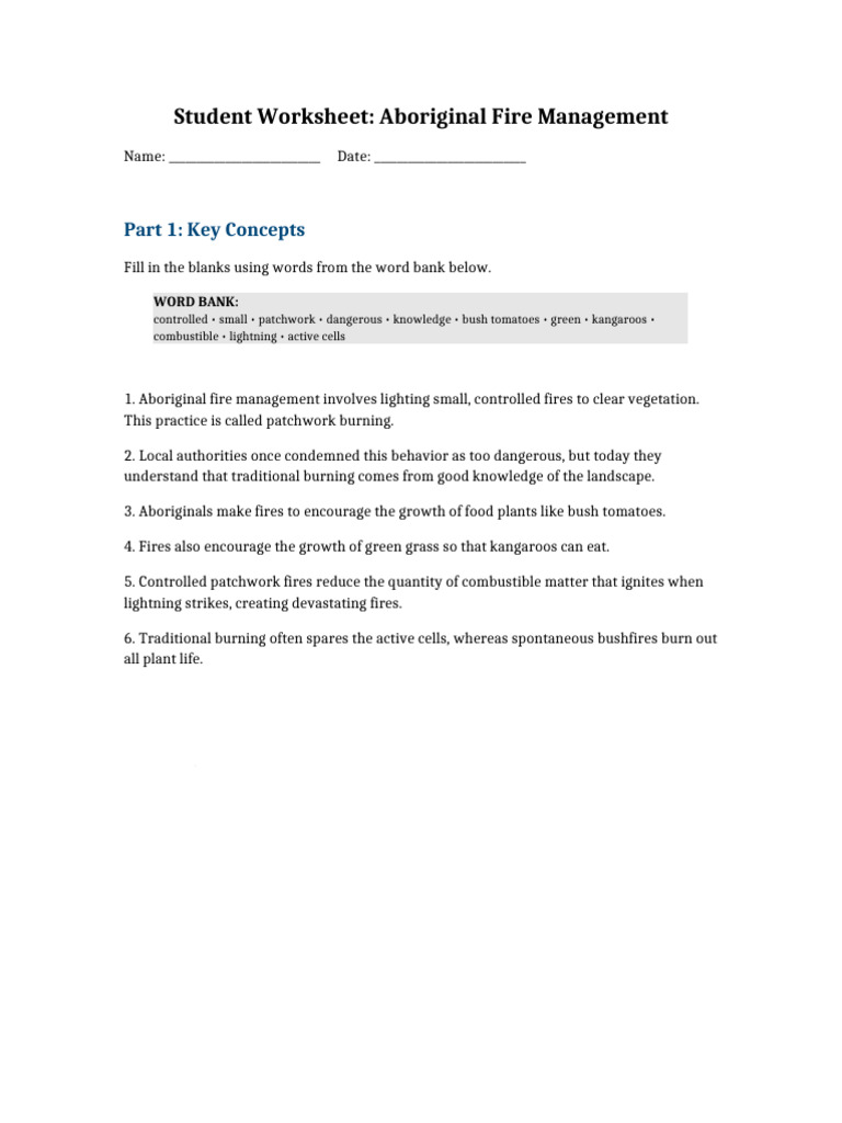 Aboriginal Fire Management Worksheet | PDF | Fires | Wildfire
