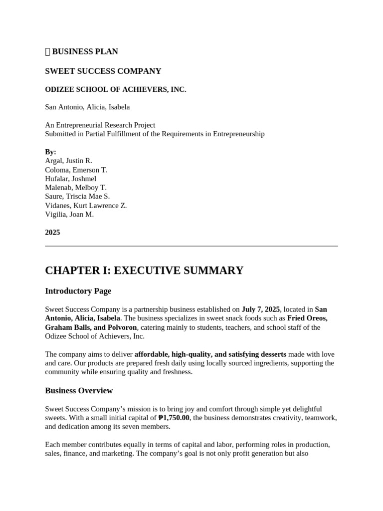 Sweet Success Company Business Plan | PDF | Desserts | Market Segmentation