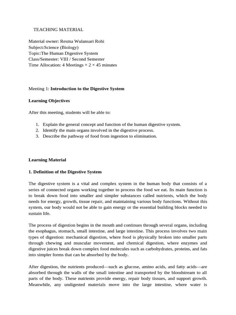 Human Digestive System Overview for Class VIII | PDF | Digestion ...